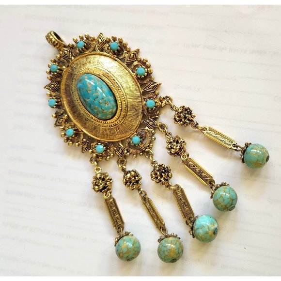 Jewelry | Unique Cabochon Faux Turquoise Gold Tone Pendant | Poshmark